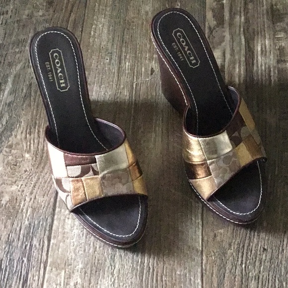 Coach | Shoes | Coach Gold And Brown Mules Elegant Slipon Design | Poshmark